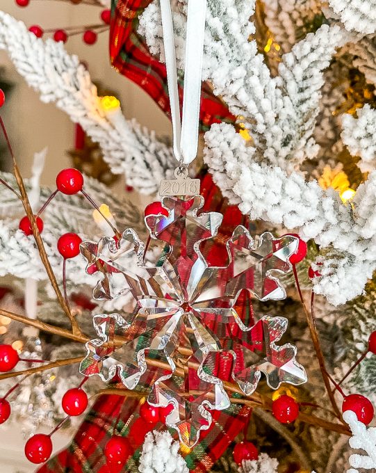 Traditional Flocked Christmas Tree with Swarovski Snowflake Ornaments ...